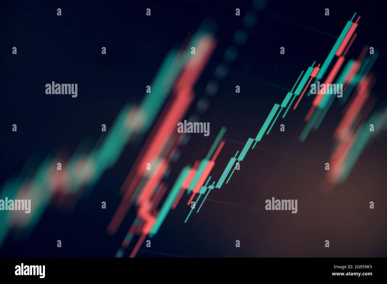 Close up shot of a stock market graphic chart with candlestick patterns ...