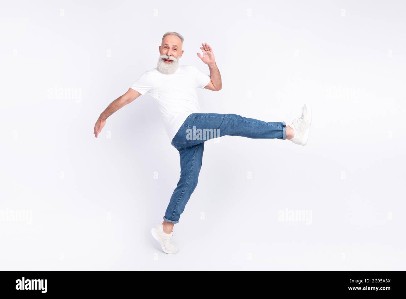 Full length body size view of nice funny cheerful man walking making ...