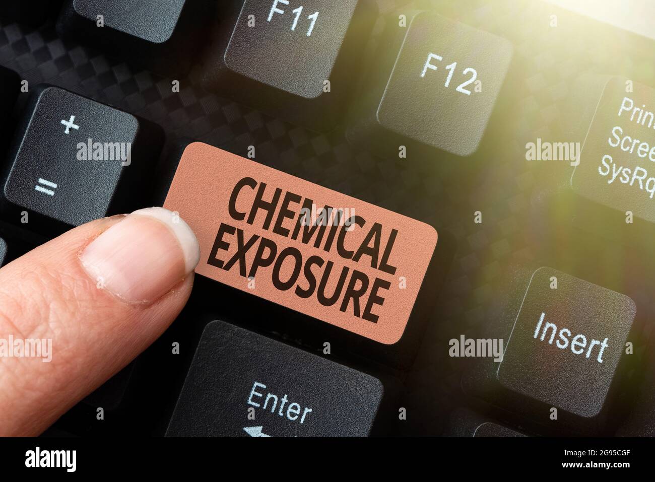 Hand writing sign Chemical Exposure. Word Written on Touching ...