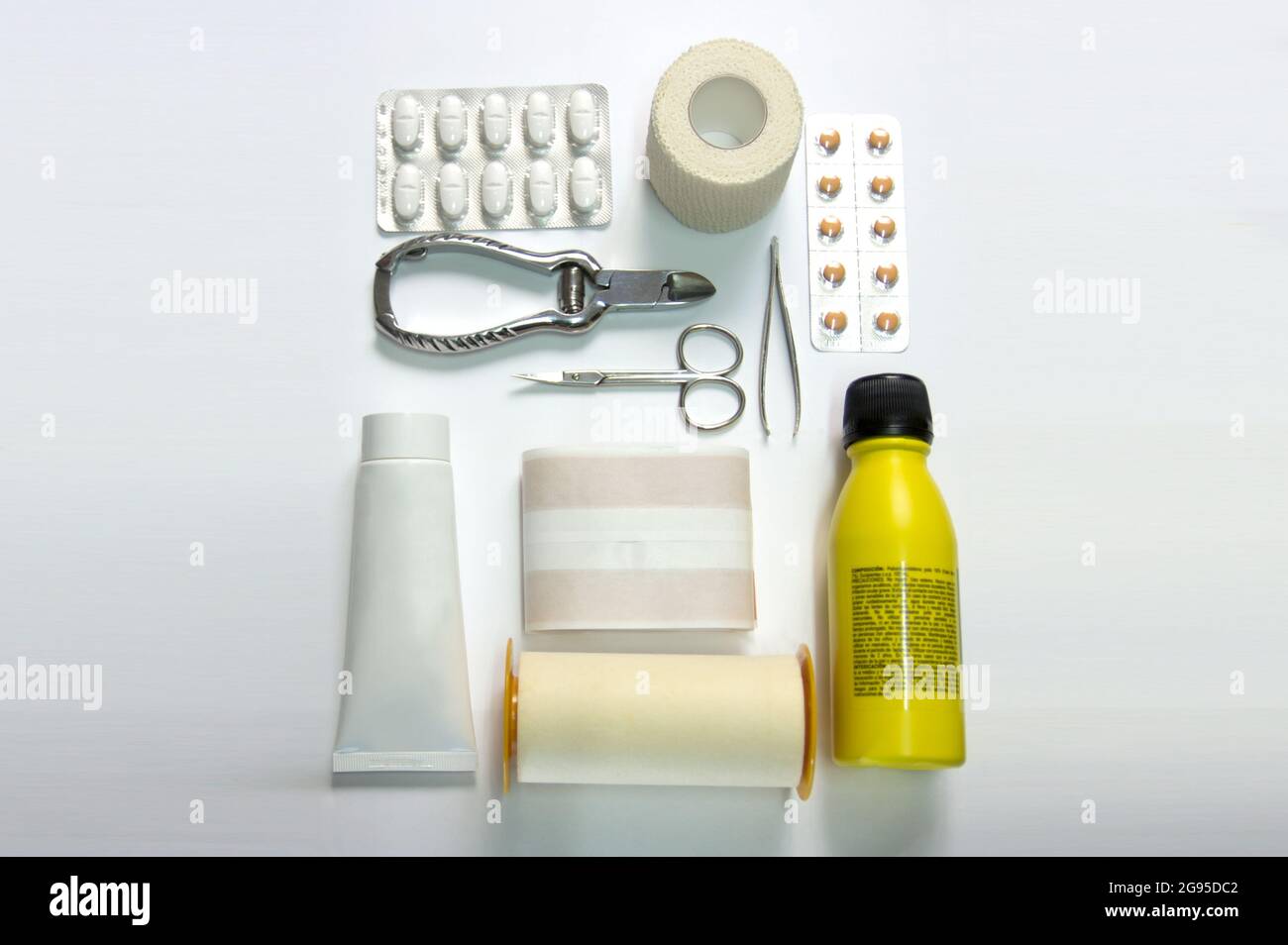 Top view of objects for a first aid kit with medical equipment and ...