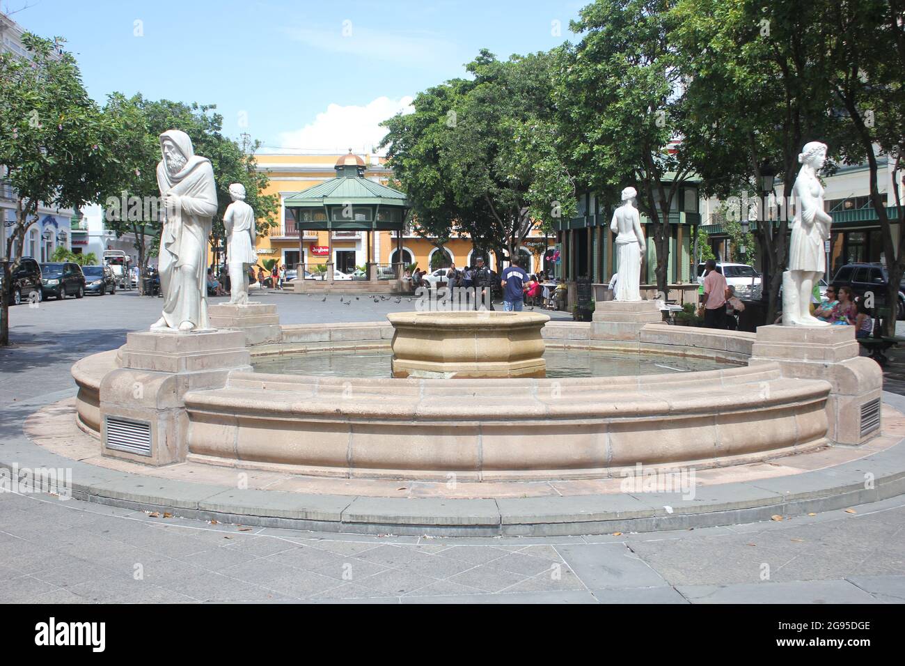 View at The four season fountain at Plaza de Armas in San juan.A round ...