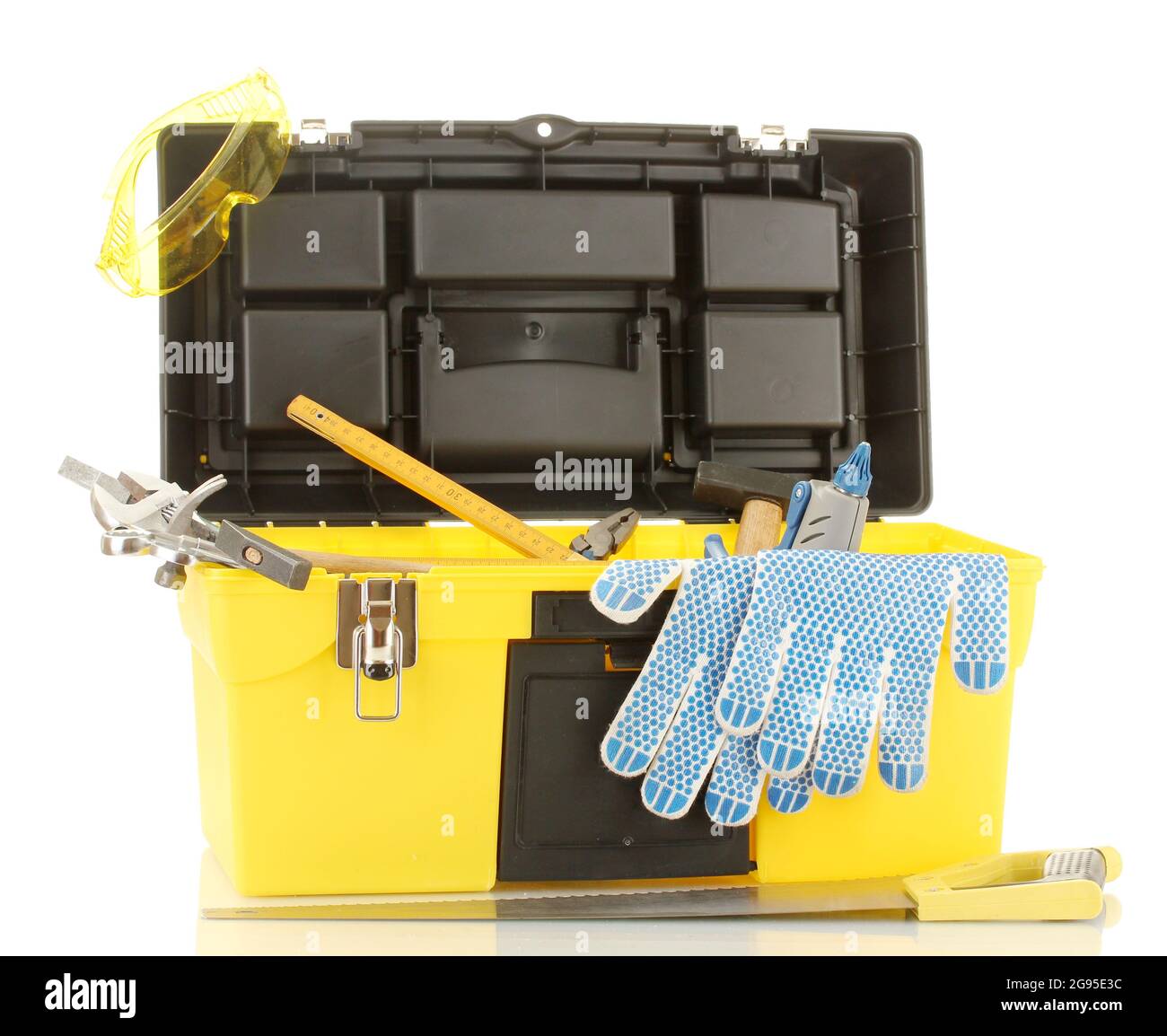 Open yellow tool box with tools isolated on white background Stock ...