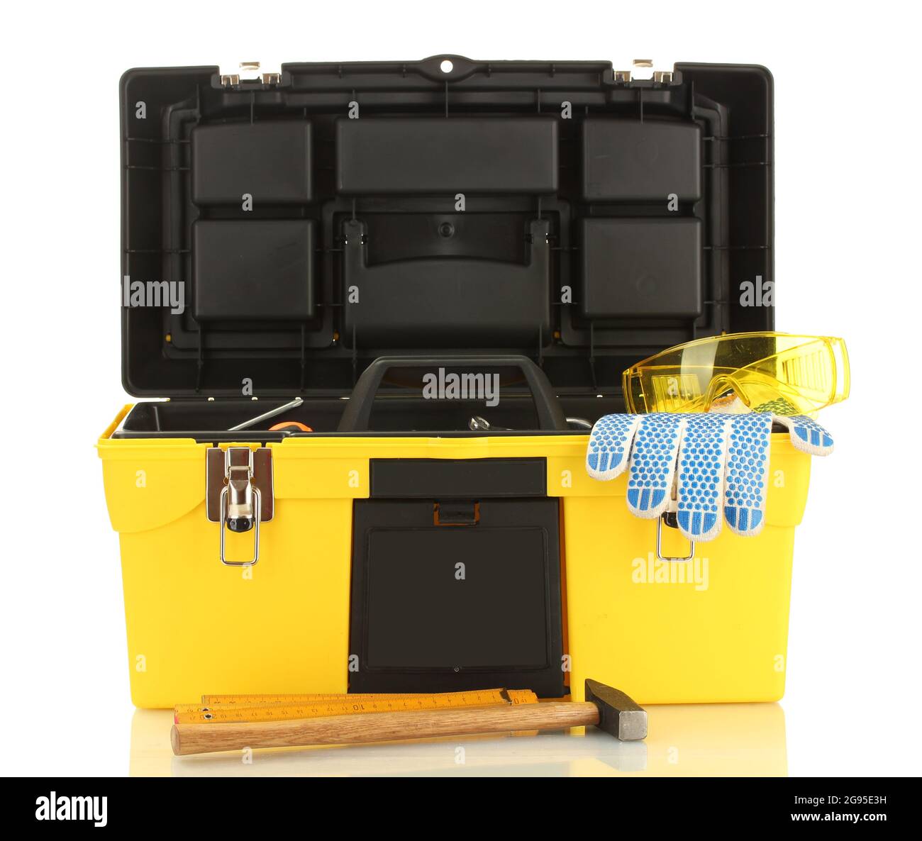 Open yellow tool box with tools isolated on white background Stock ...