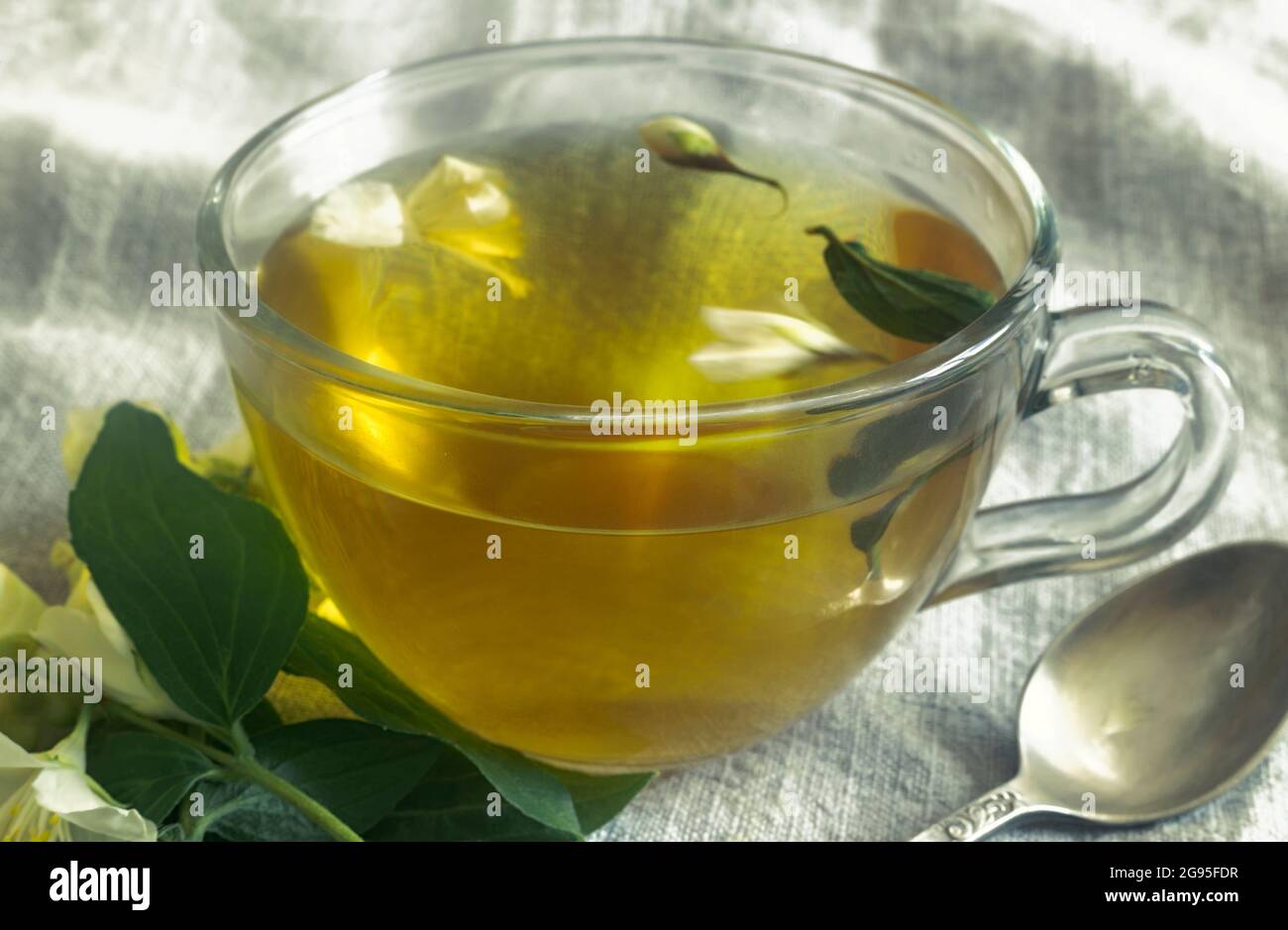 Tea with white flower petals and jasmine leaves Stock Photo - Alamy
