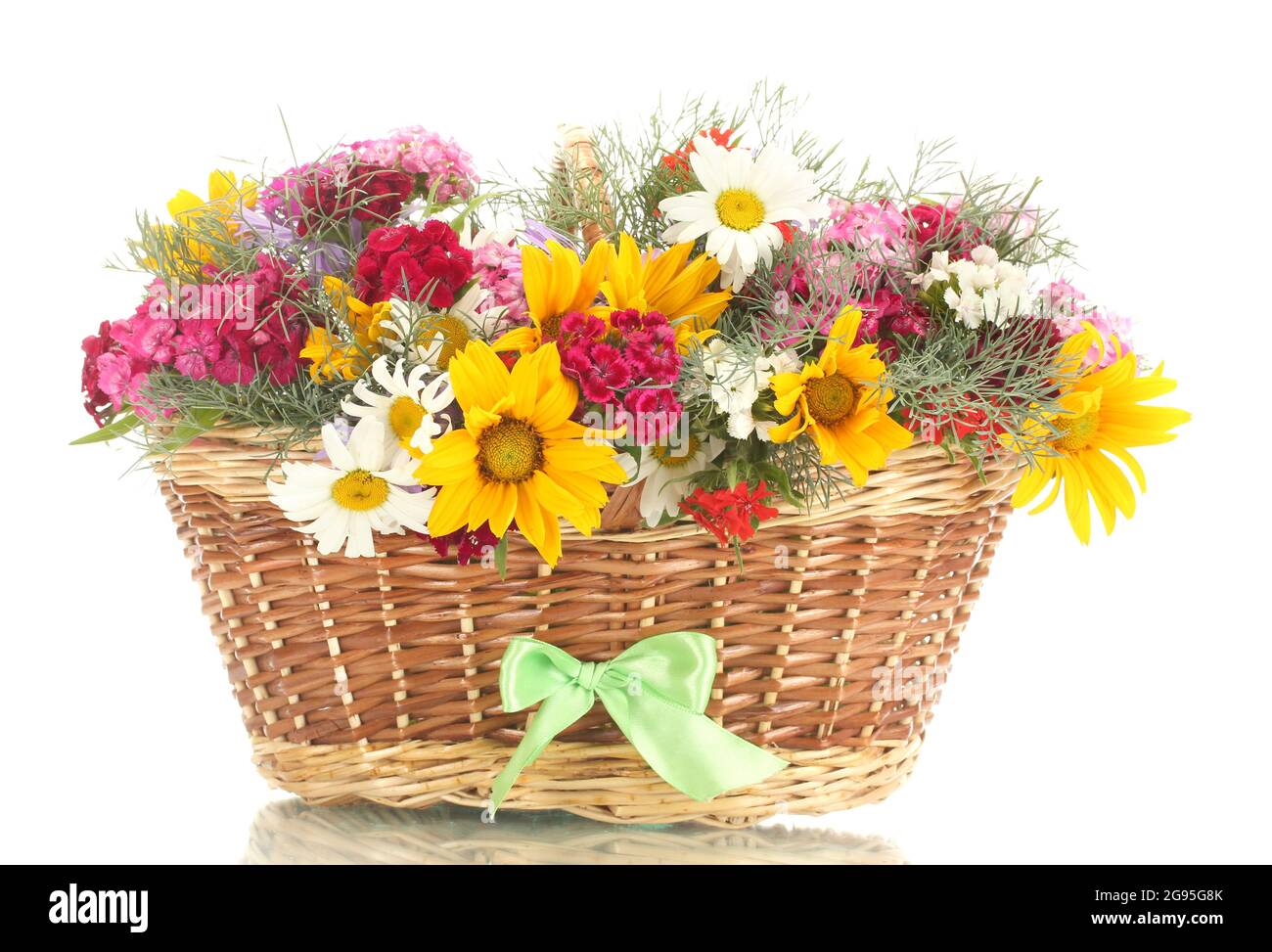 beautiful bouquet of bright wildflowers in basket, isolated on white ...