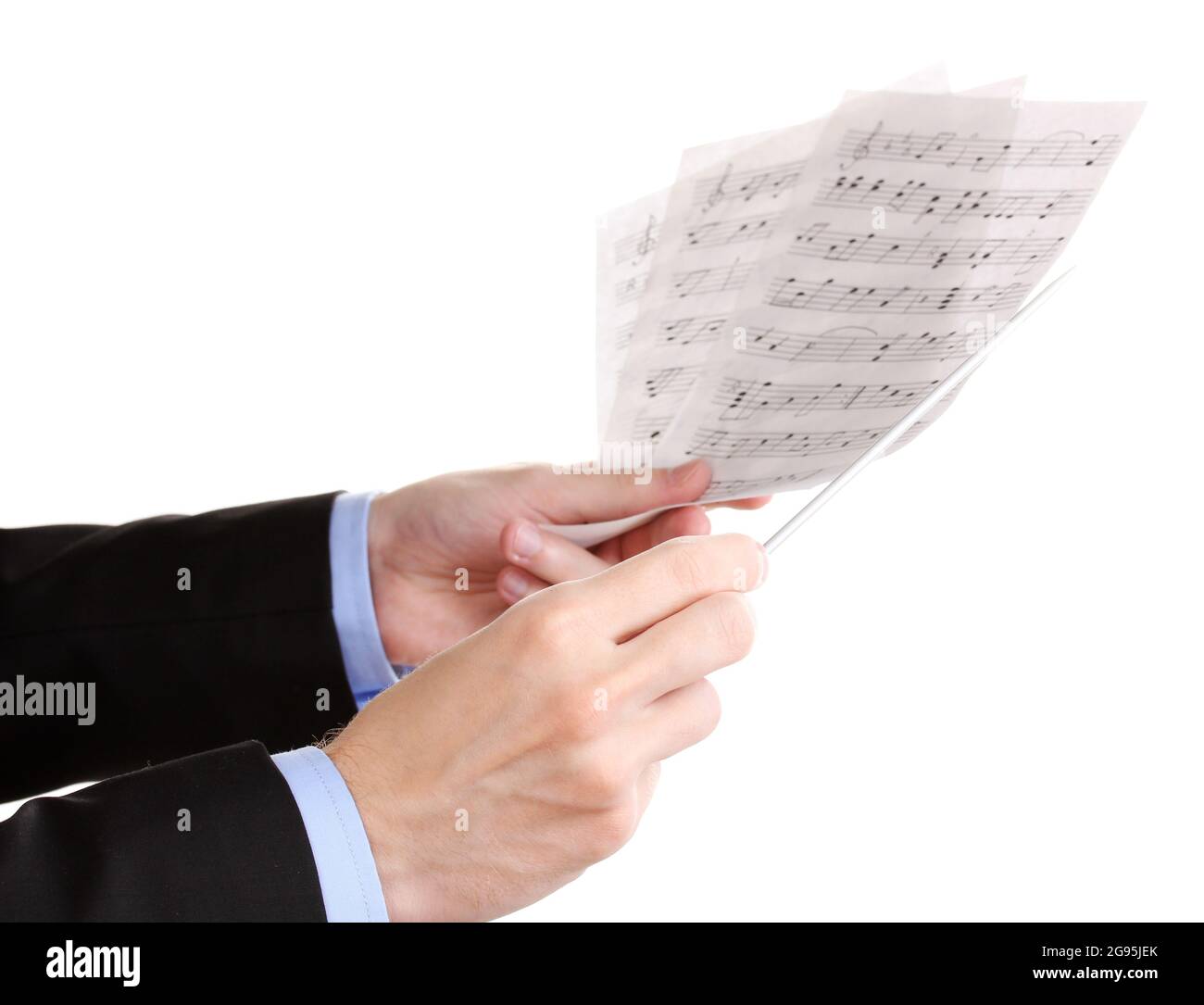 Music conductor hands with baton and notes isolated on white Stock ...