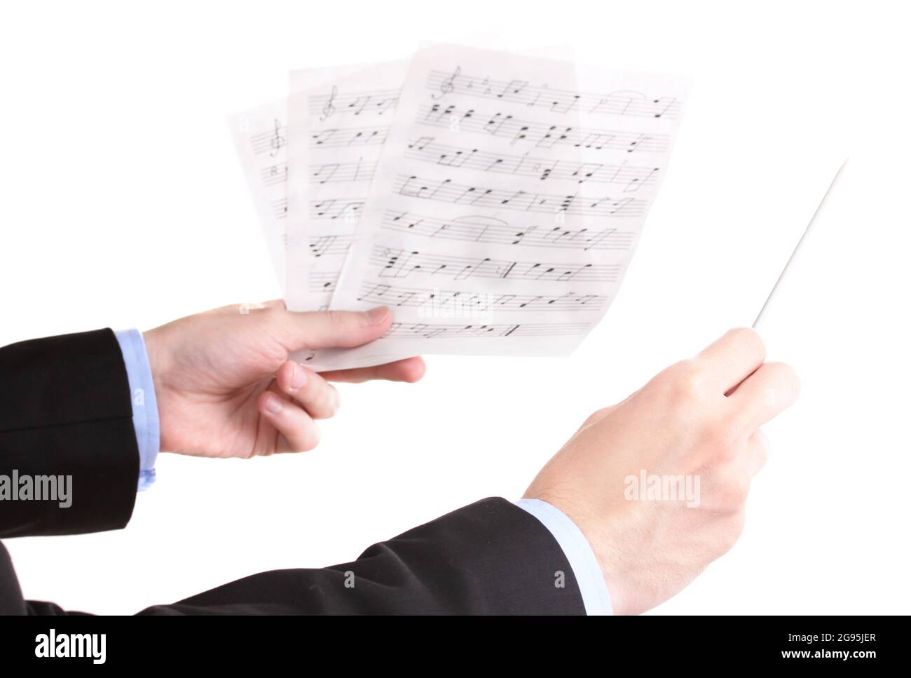 Music conductor hands with baton and notes isolated on white Stock ...