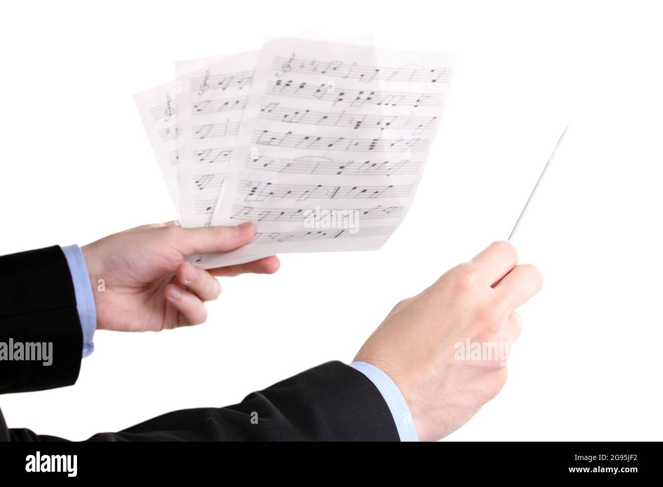 Music conductor hands with baton and notes isolated on white Stock ...
