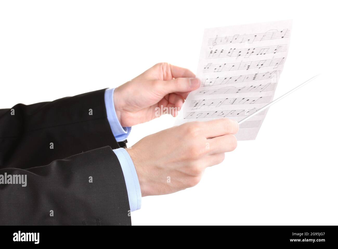Music conductor hands with baton and notes isolated on white Stock ...