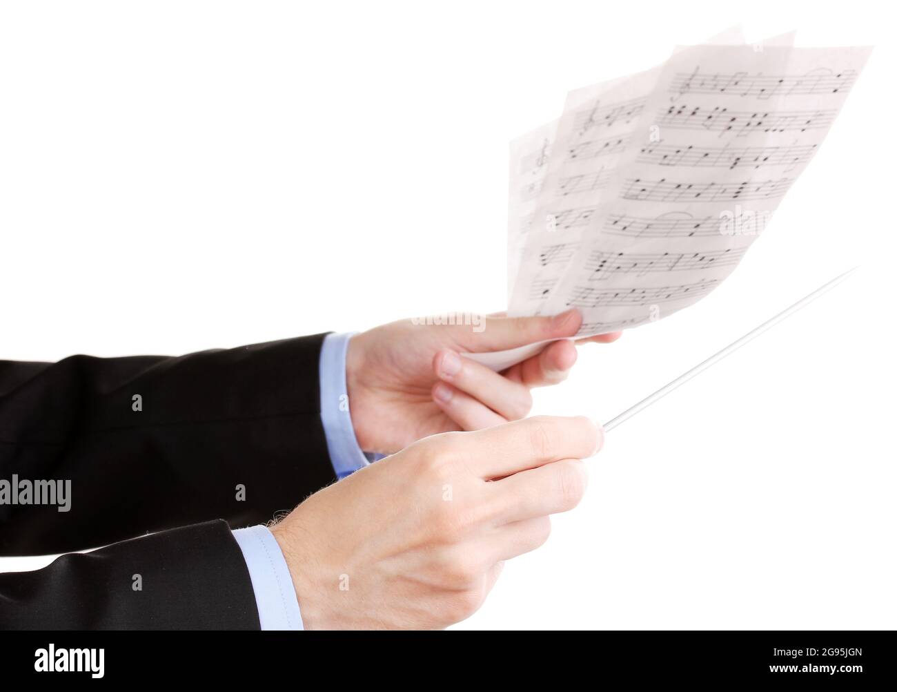 Music conductor hands with baton and notes isolated on white Stock ...