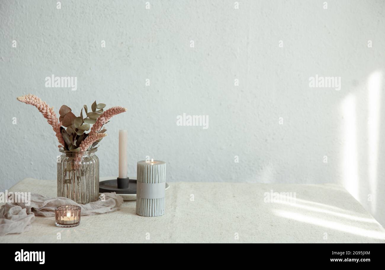Stylish details of the interior decor against the background of a white ...