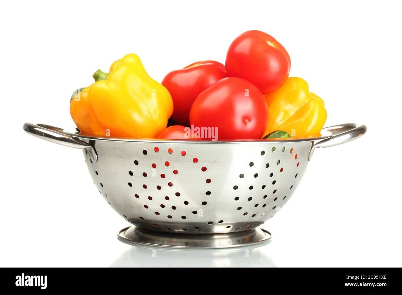 fresh vegetables in silver colander isolated on white Stock Photo - Alamy