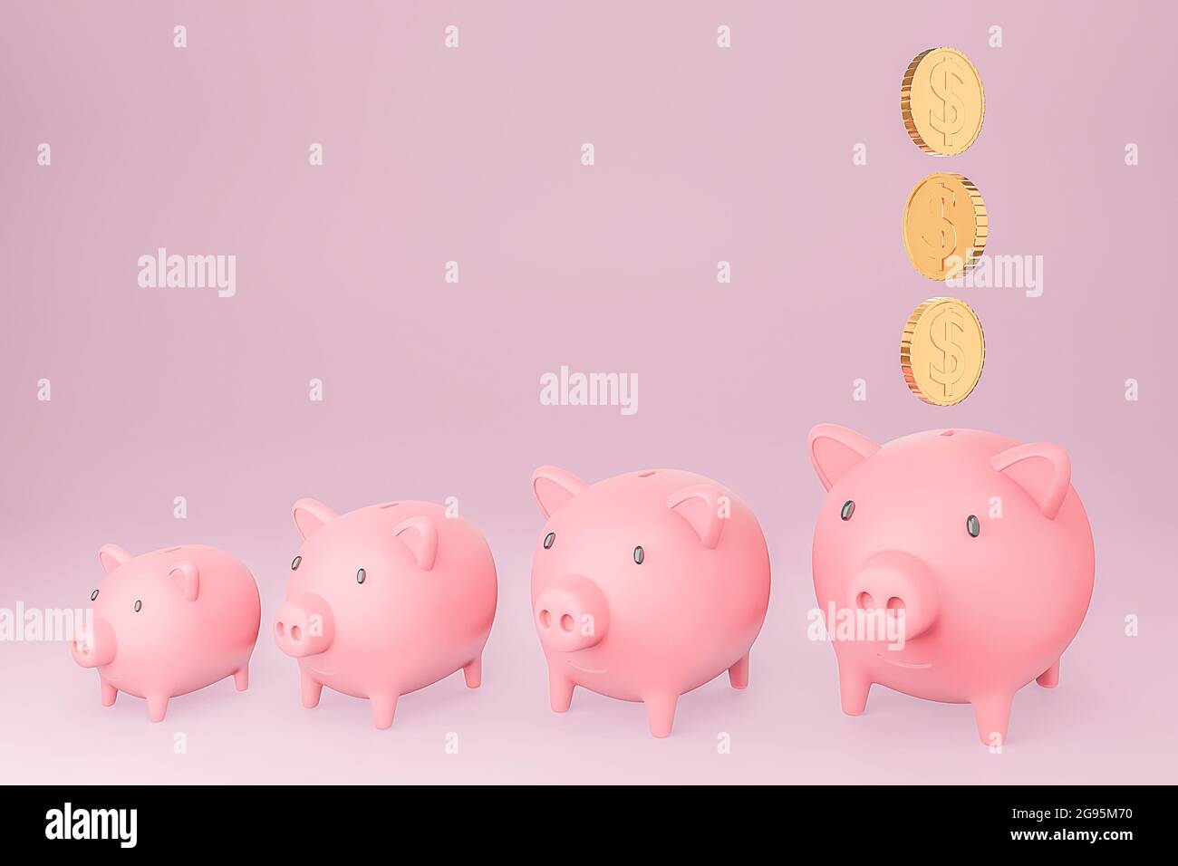 Pink piggy banks increasing in size and coins falling into largest one ...
