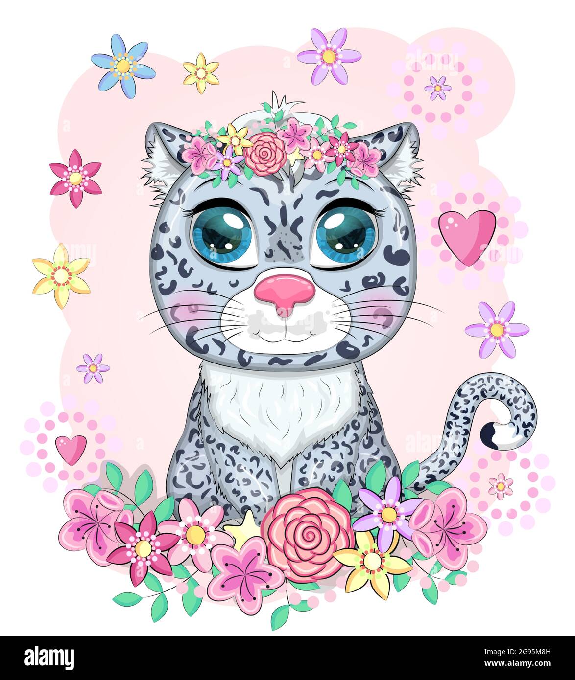 Cartoon snow leopard with expressive eyes among flowers, hearts ...