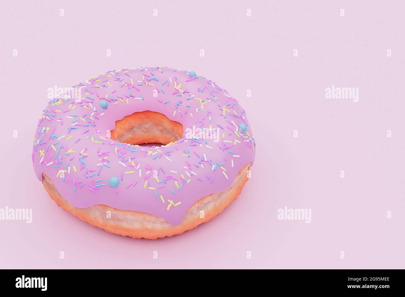 Tasty pink glazed donut with colorful sprinkles on pink pastel colors ...