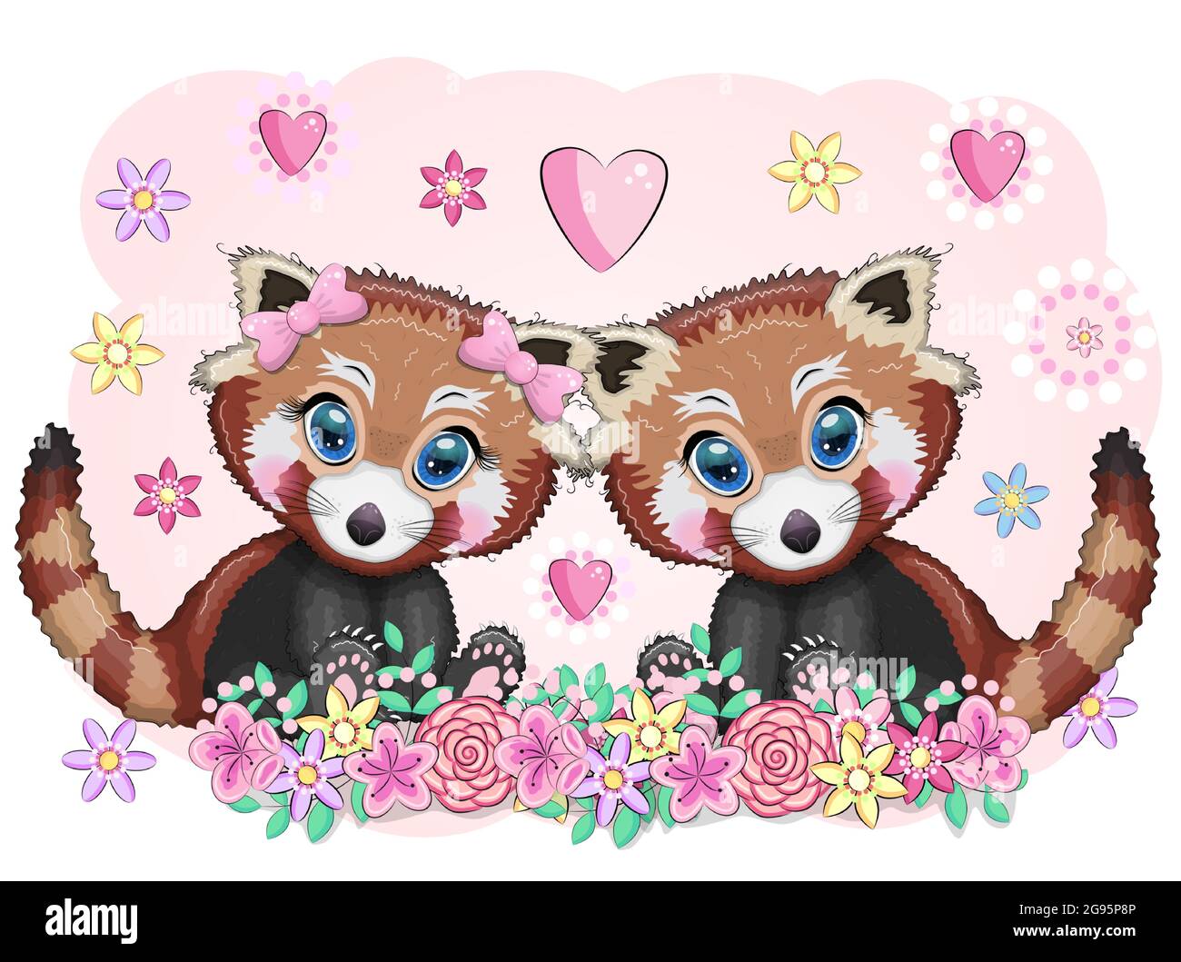 Red panda lovers, cute character, Valentine's day greeting card, bright ...