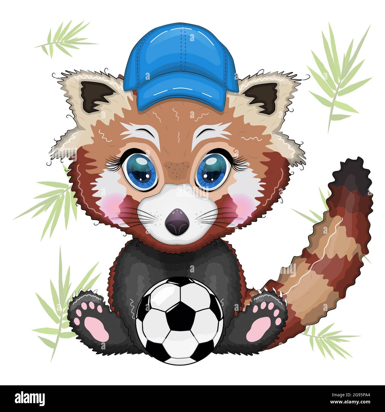 Red panda boy in blue cap hat with soccer ball, vacation, summer ...