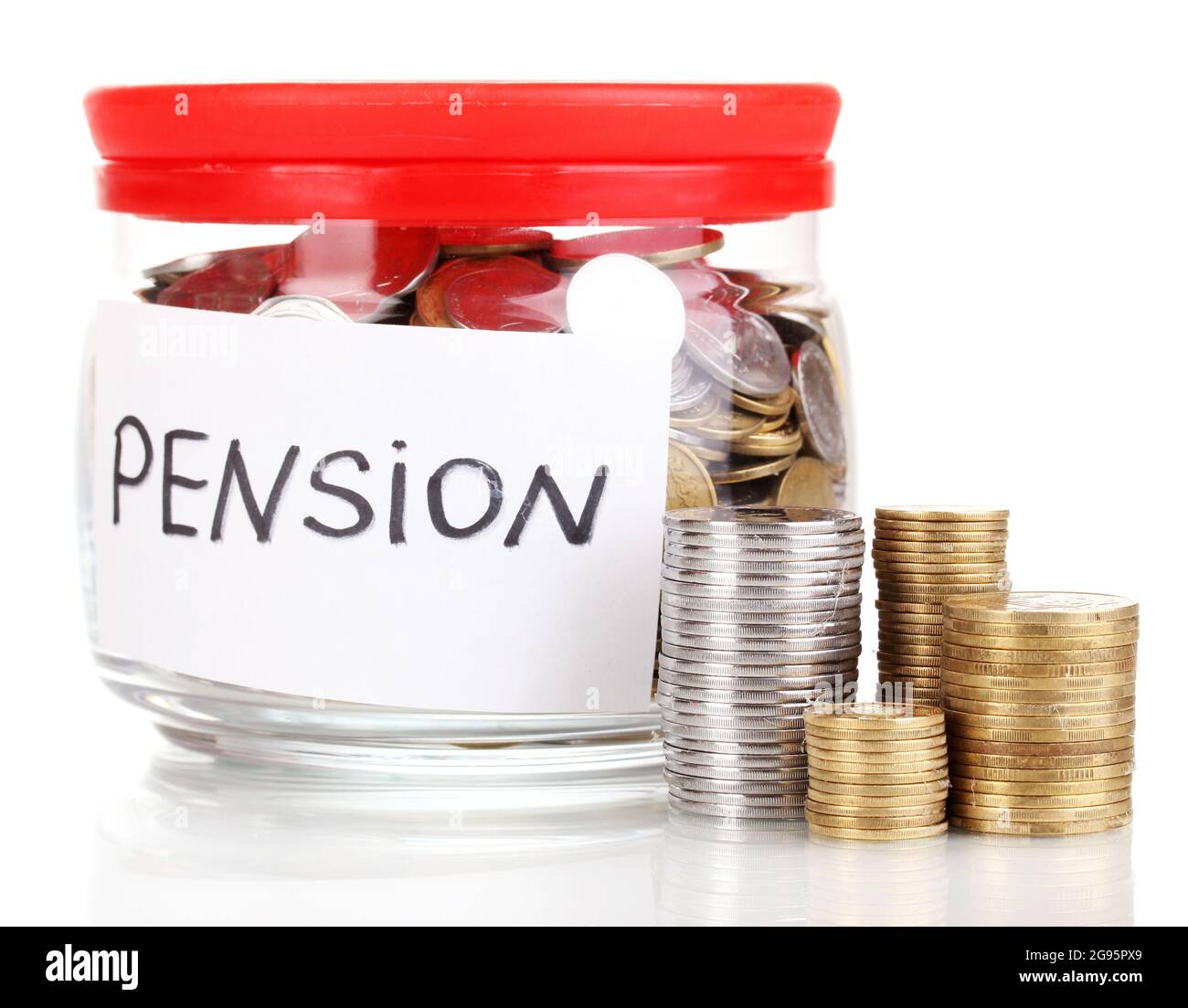 Glass bank for tips with money isolated on white Stock Photo - Alamy