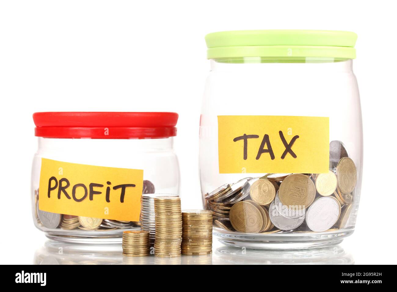 Glass banks for tips with money isolated on white Stock Photo - Alamy