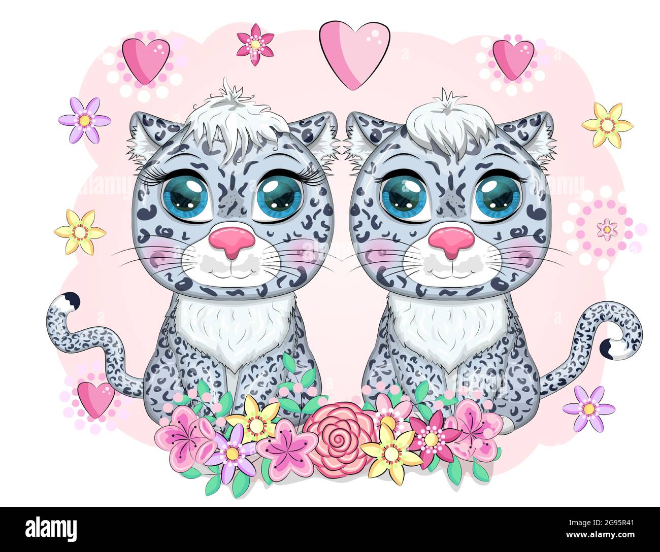 Cartoon snow leopard couple with expressive eyes among flowers, hearts ...