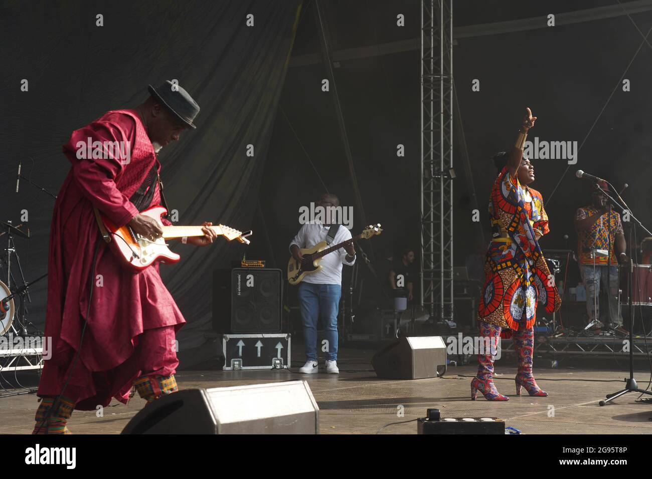 London, UK. 23rd July 2021. Eno Williams of Ibibio Sound Machine ...