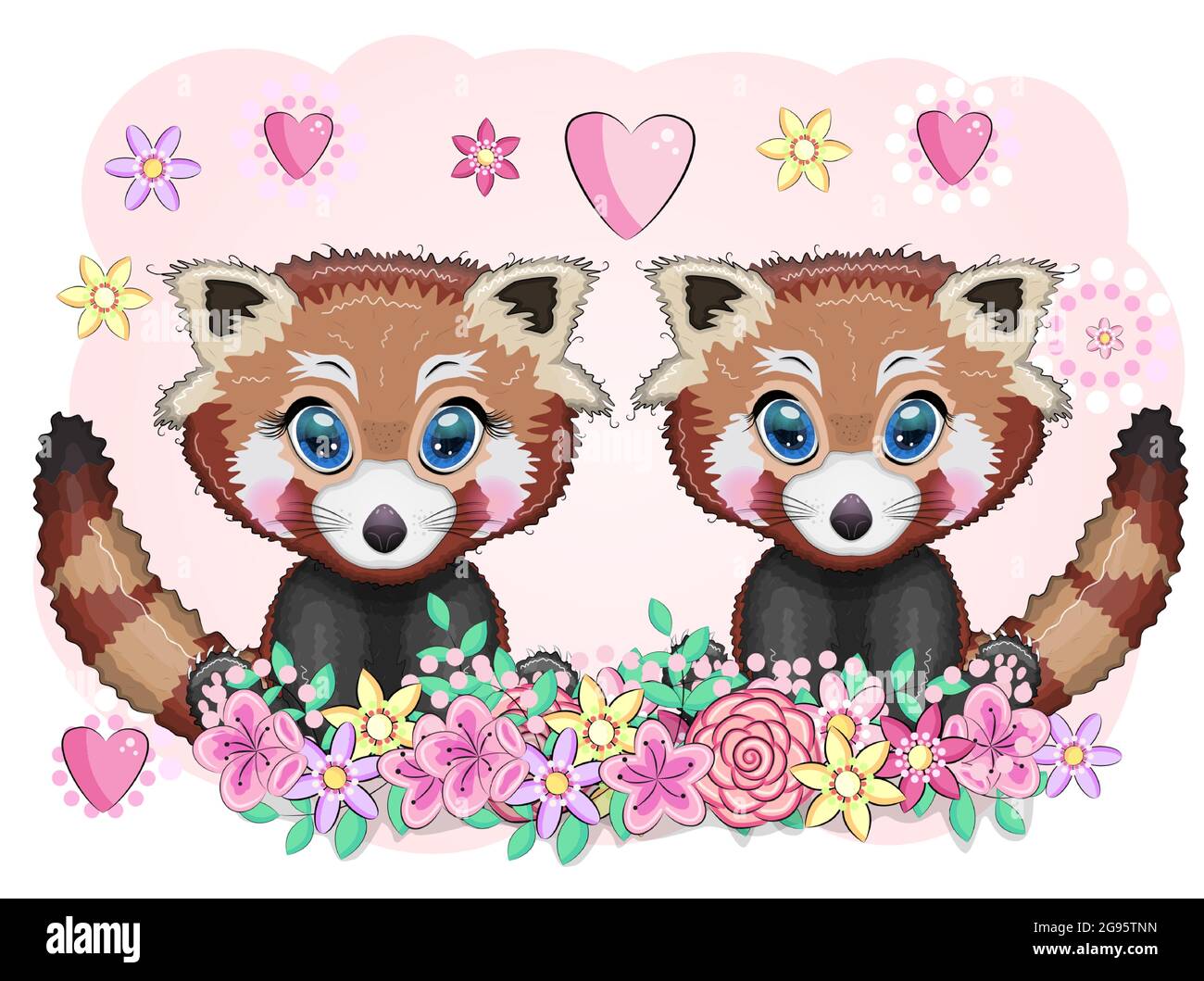 Red panda lovers, cute character, Valentine's day greeting card, bright ...