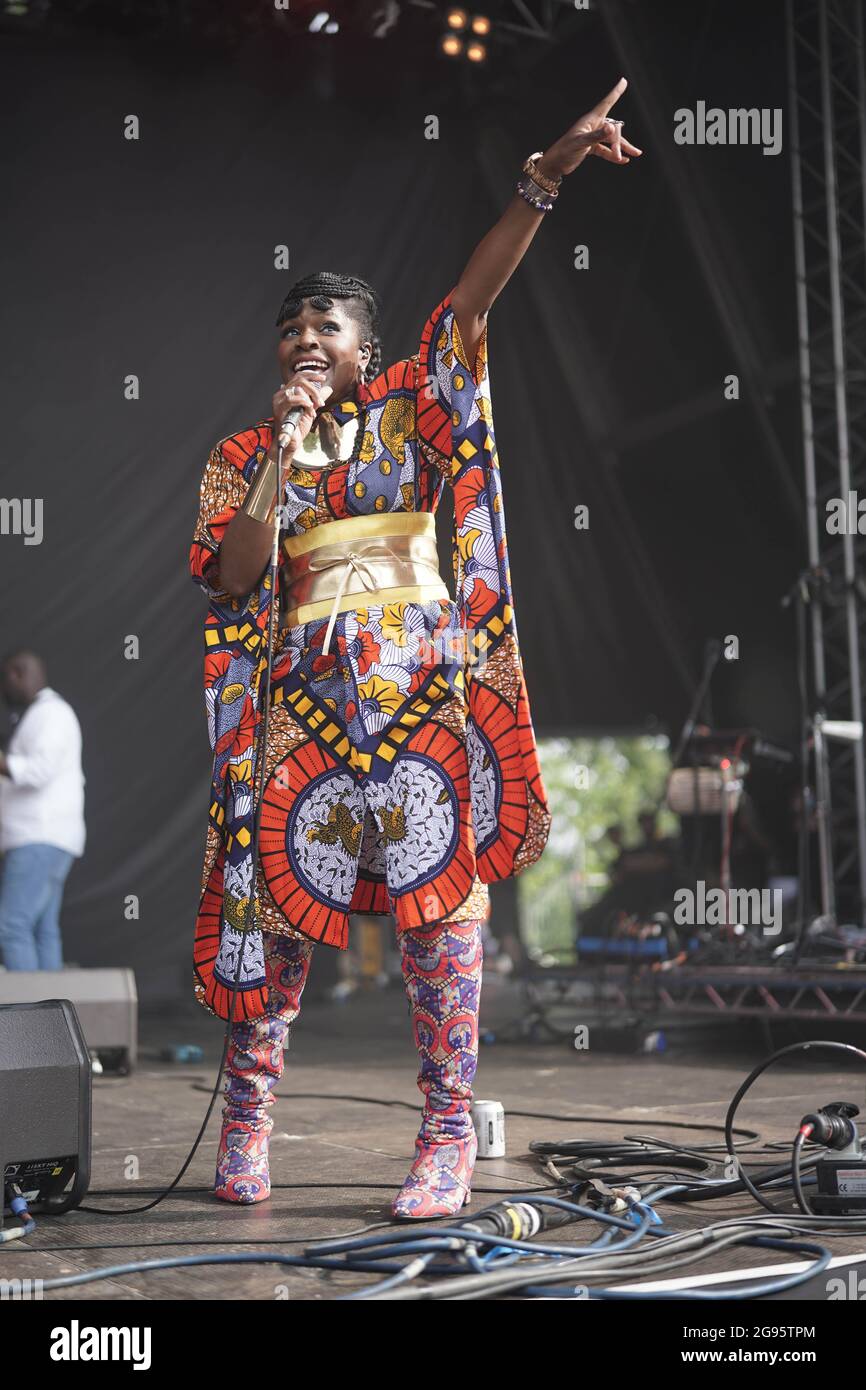 London, UK. 23rd July 2021. Eno Williams of Ibibio Sound Machine ...