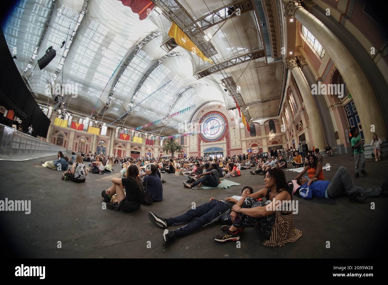 London, UK. 23rd July 2021. Festival goers in the Palm Ballroom at the ...