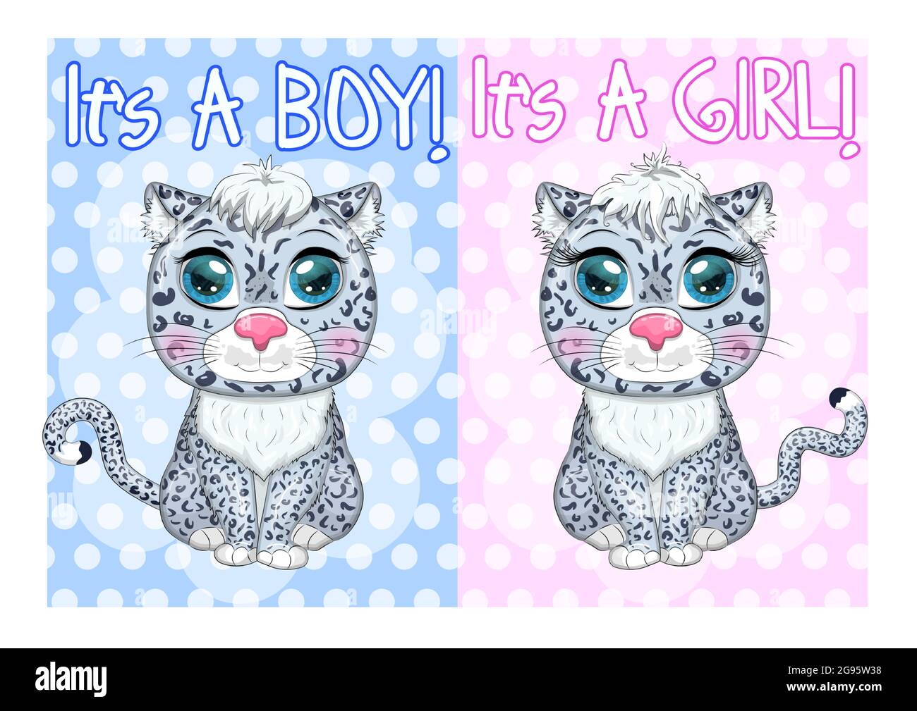 Baby Shower greeting card with Cute boy and girl. Cartoon snow leopard ...