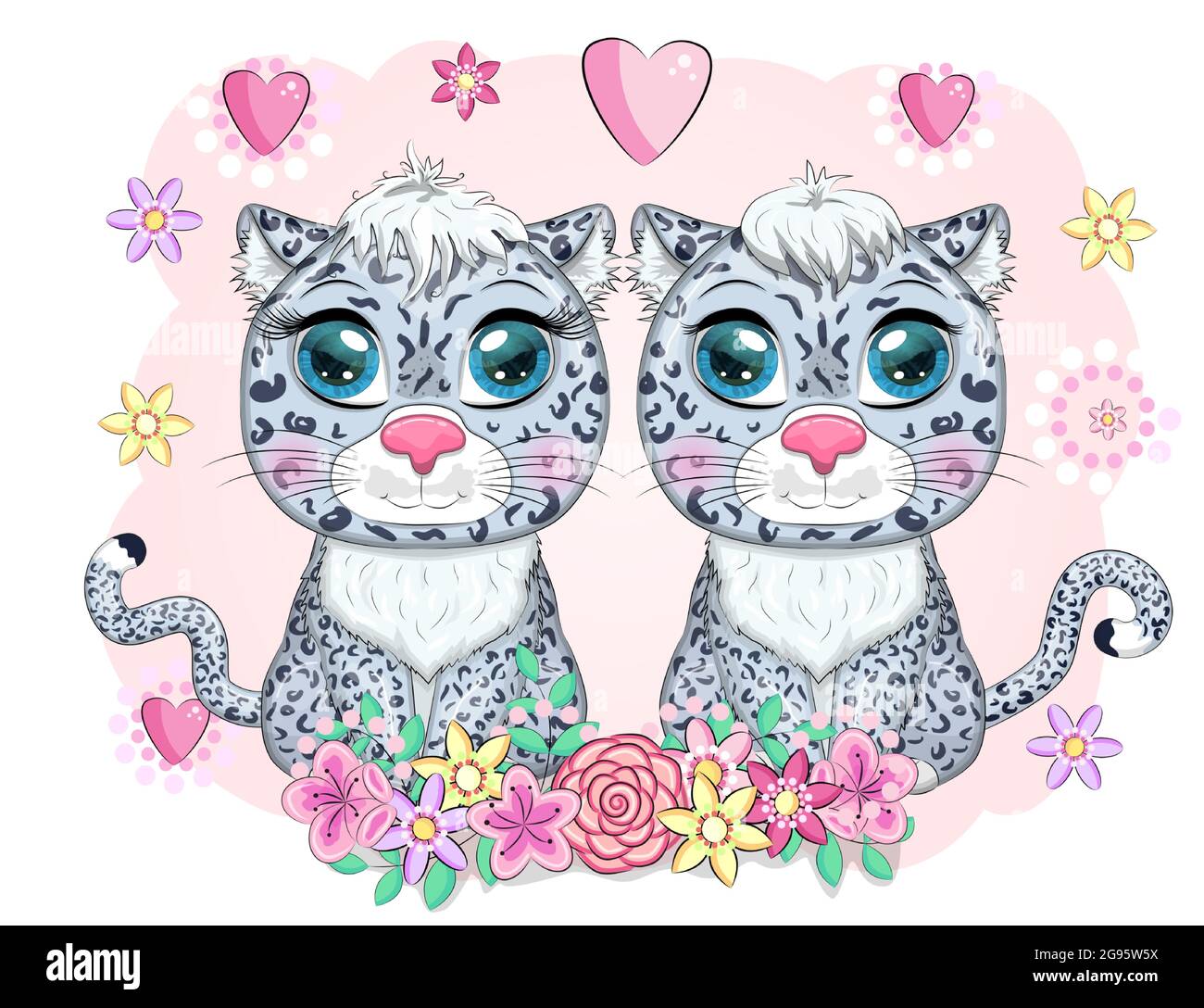 Cartoon snow leopard couple with expressive eyes among flowers, hearts ...