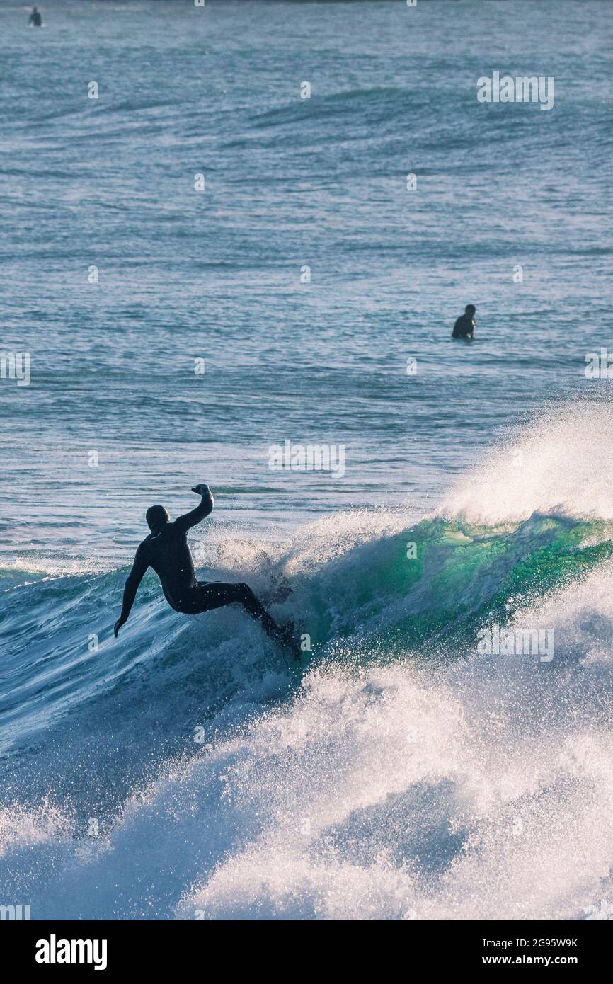 Spectacular surfing action in Fistral Bay in Newquay in Cornwall Stock ...