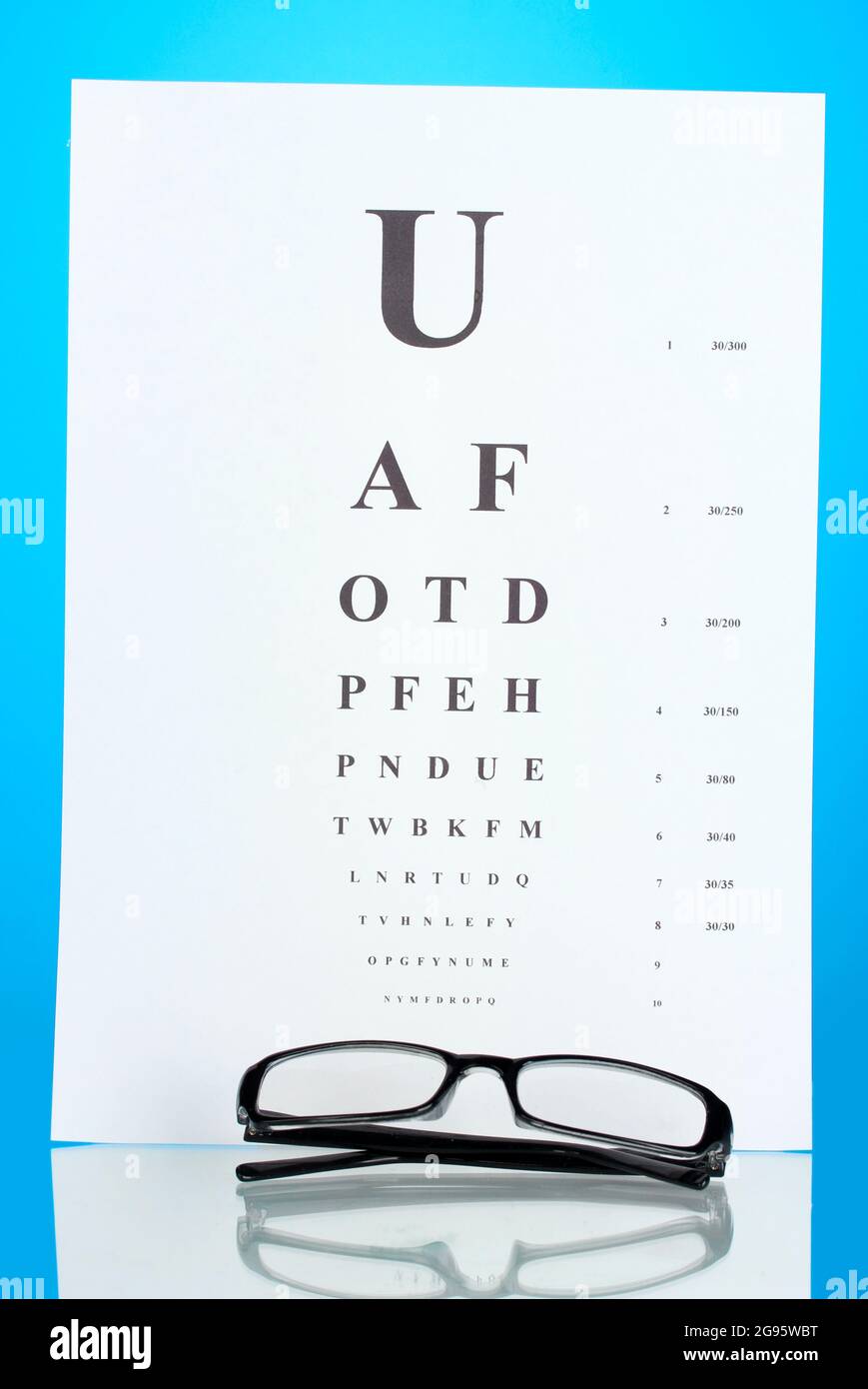 Eyesight test chart with glasses on blue background close-up Stock ...