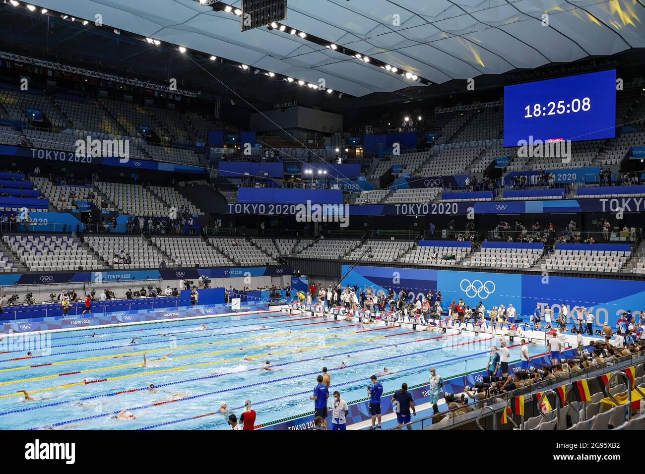 Tokyo, Japan. 24th July, 2021. Swimmers practice before the start of ...