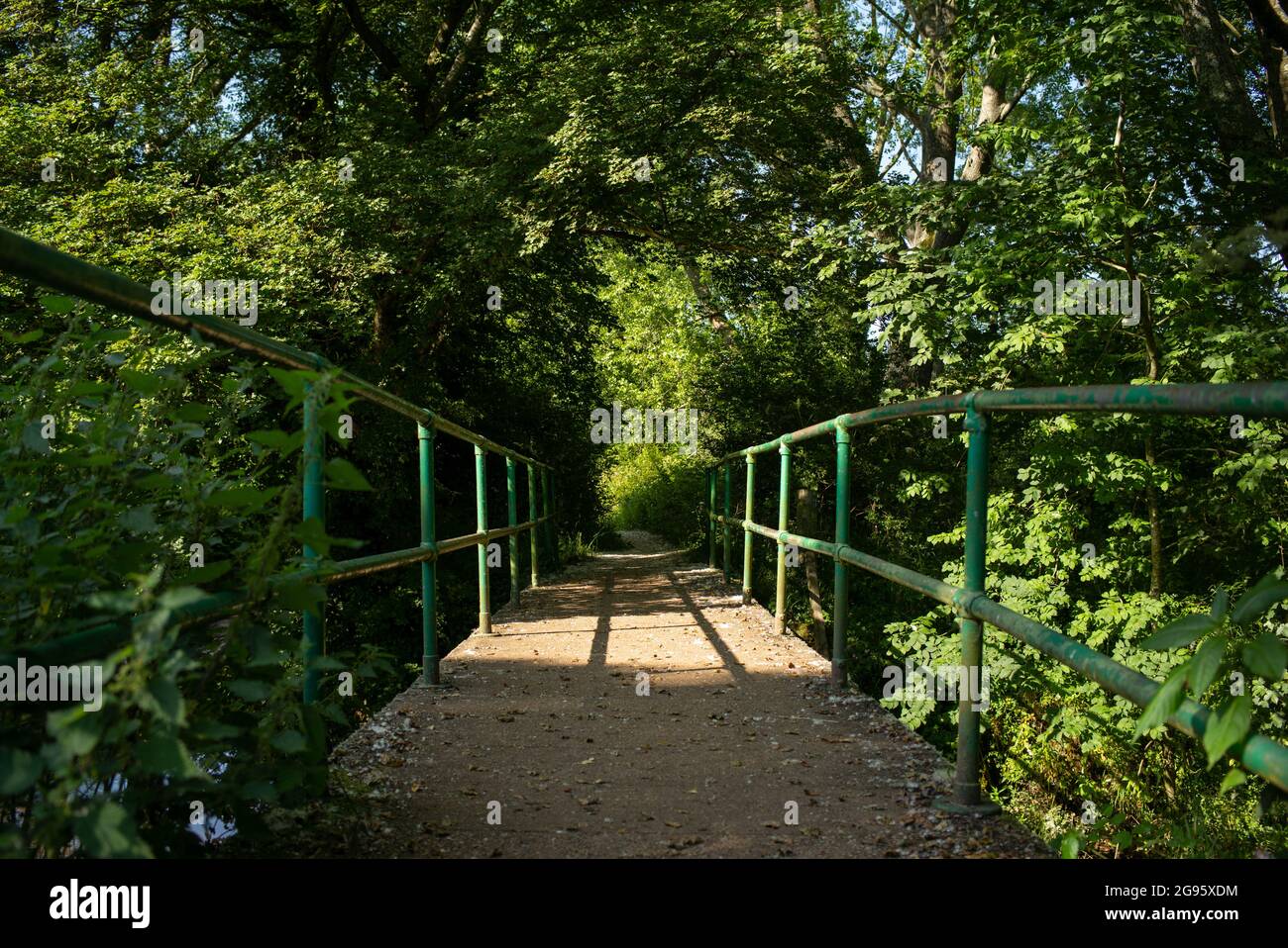 A single track bridge crossing leading to an overgrown footpath with ...