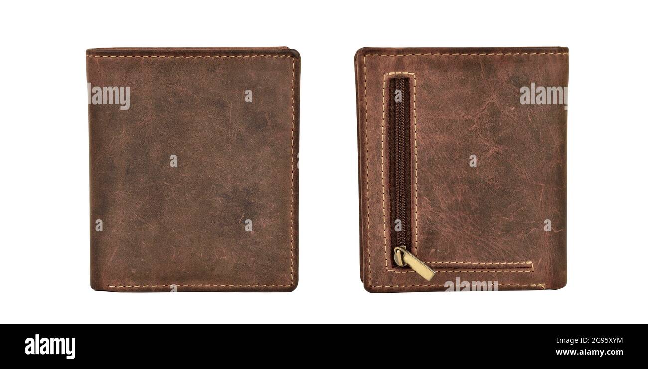 Front and back view of leather wallet isolated on white background with ...