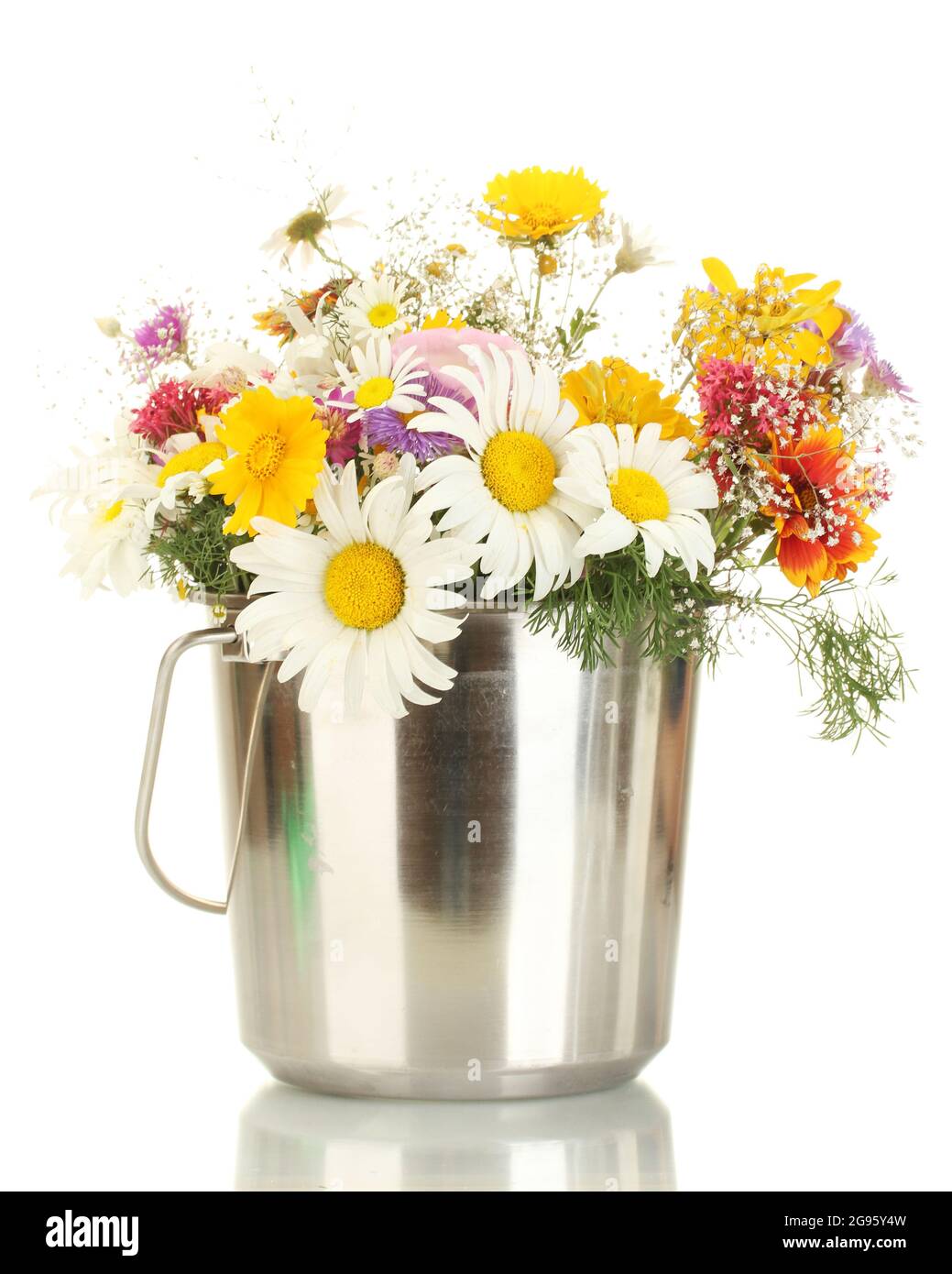 beautiful bouquet of bright wildflowers in metal bucket, isolated on ...