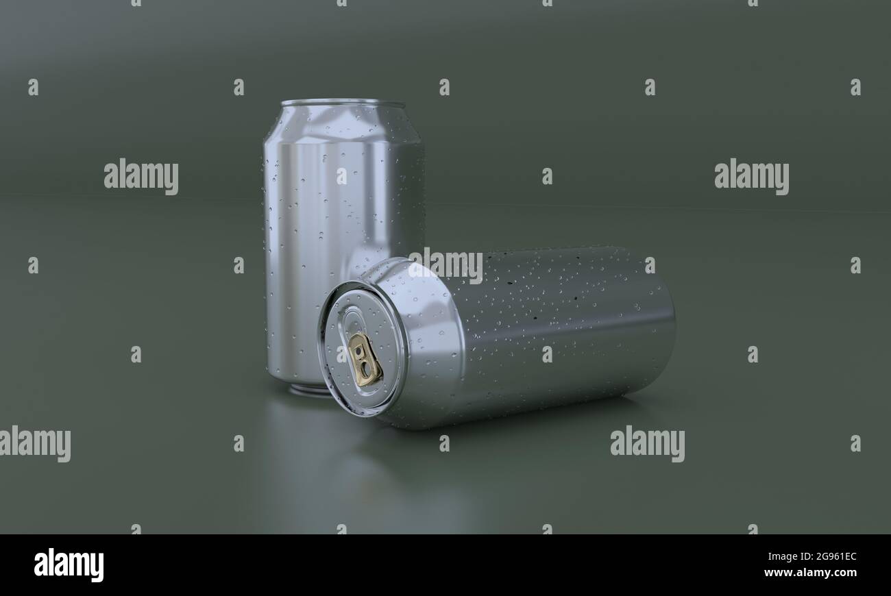 3D rendering of unlabeled drink cans isolated on a green background ...
