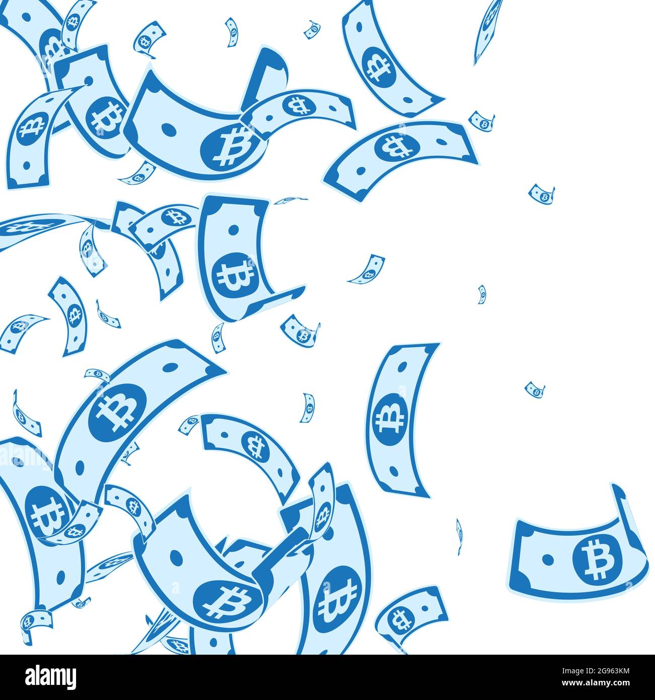 Bitcoin, internet currency notes falling. Random BTC bills on white ...