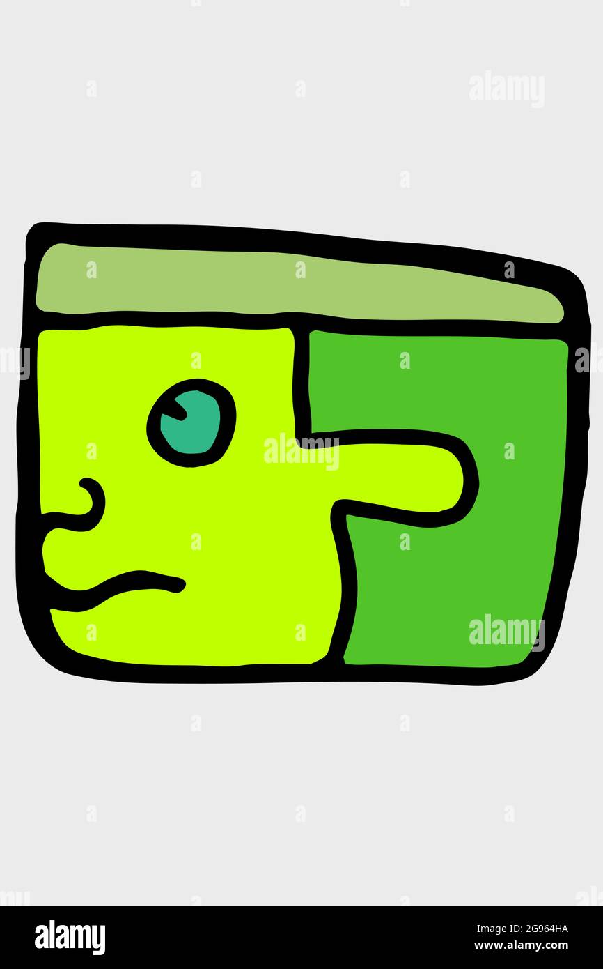 character icon, inspired by a Mayan glyph. Green square head with sad ...