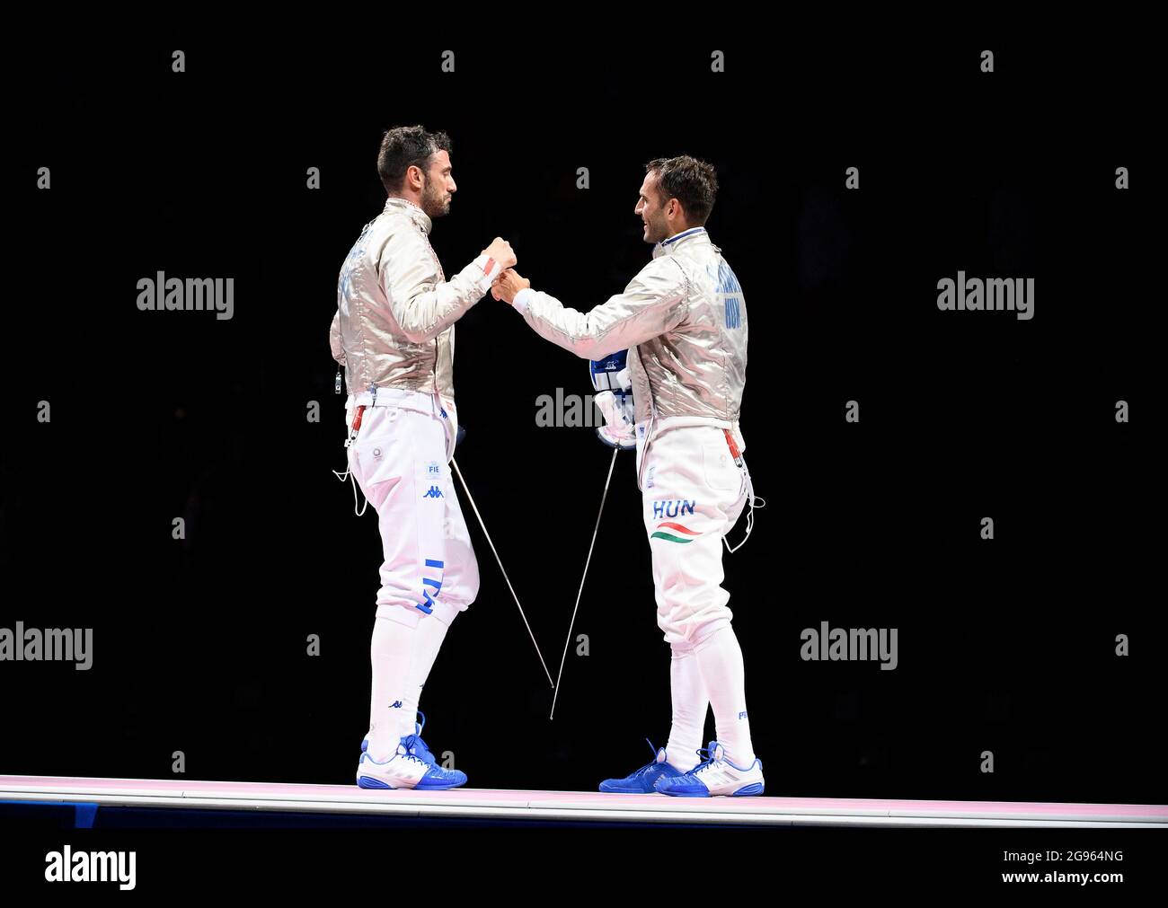Luigi SAMELE (ITA) (left) versus vs. Aron SZILAGYI (HUN), handshake ...