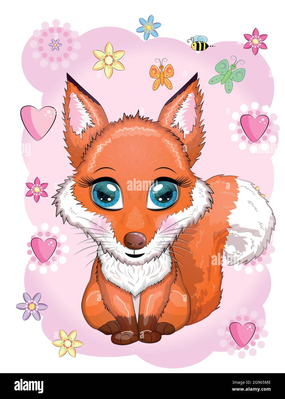 Fox is a cute character with beautiful eyes among flowers and hearts ...