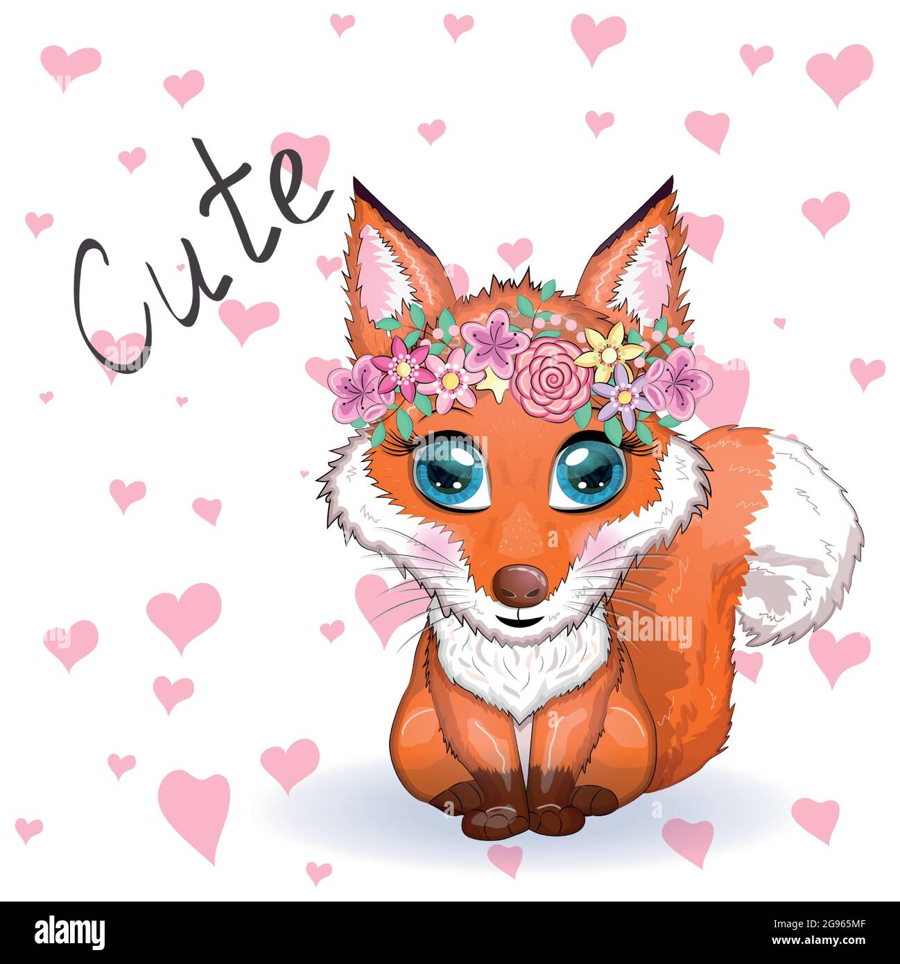 Fox is a cute character with beautiful eyes among flowers and hearts ...