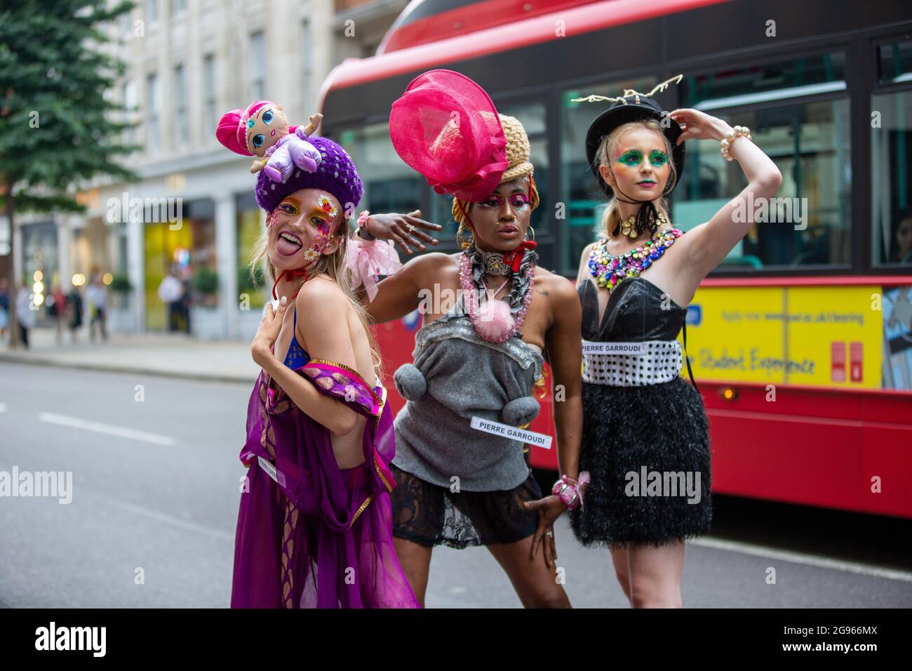 London, UK. 24th July, 2021. Models showcase Pierre Garroudi's latest ...