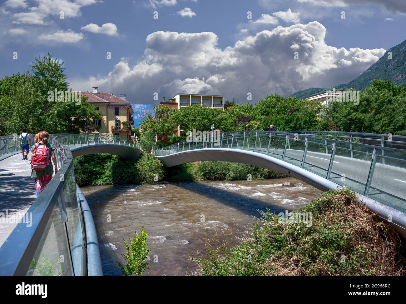 Bolzano, Italy, June 2021. The pedestrian bridge that crosses the river ...