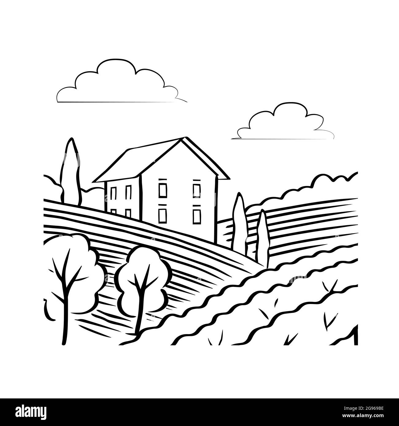 Vineyard fields and villa. Italian landscape. Wine label. Vector black ...