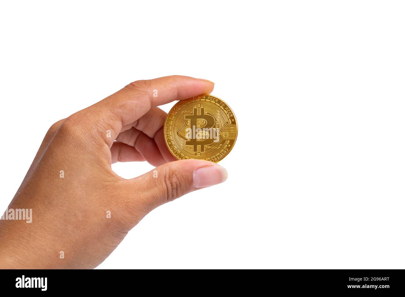 Bitcoin in hand isolated on white background close up Stock Photo - Alamy