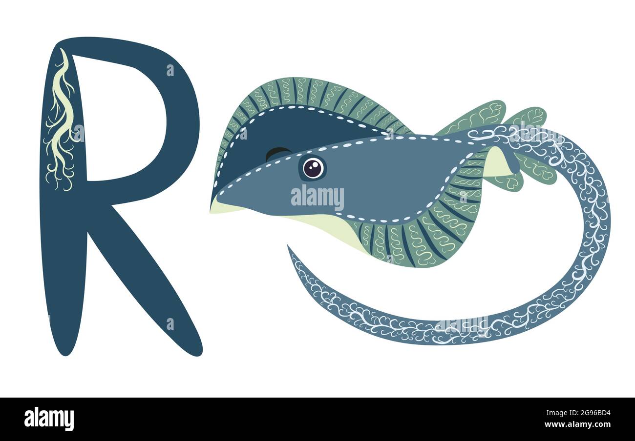ABC kids letter ray fish Blue spotted sea animal cartoon character ...