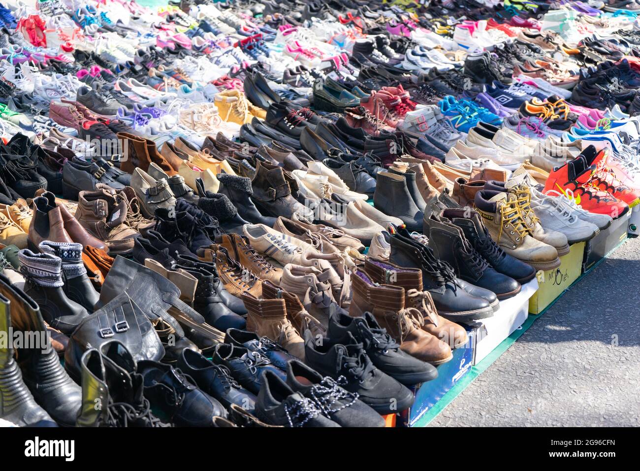 Used shoes for sale at the Tristan Navaja flea market in Montevideo ...