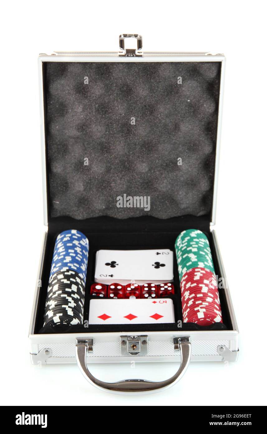 Poker set in metallic case isolated on white background Stock Photo - Alamy