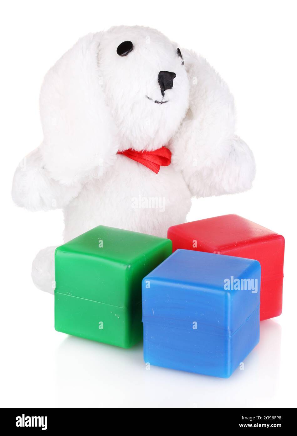Sitting bunny toy and color cubes isolated on white Stock Photo - Alamy